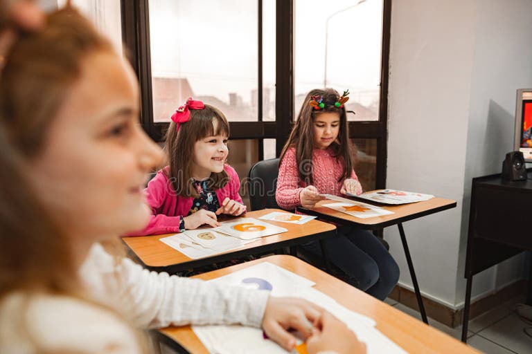 Female Group of Elementary Students Together at Language School Stock ...