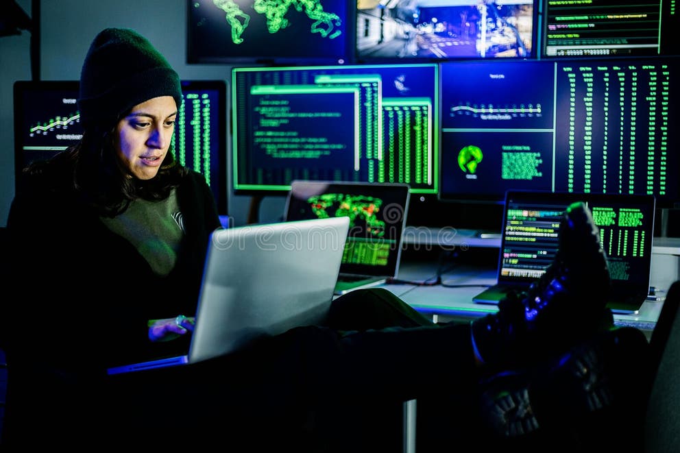 Female Hacker Breaking into Corporate Network Using Laptop and Multiple ...