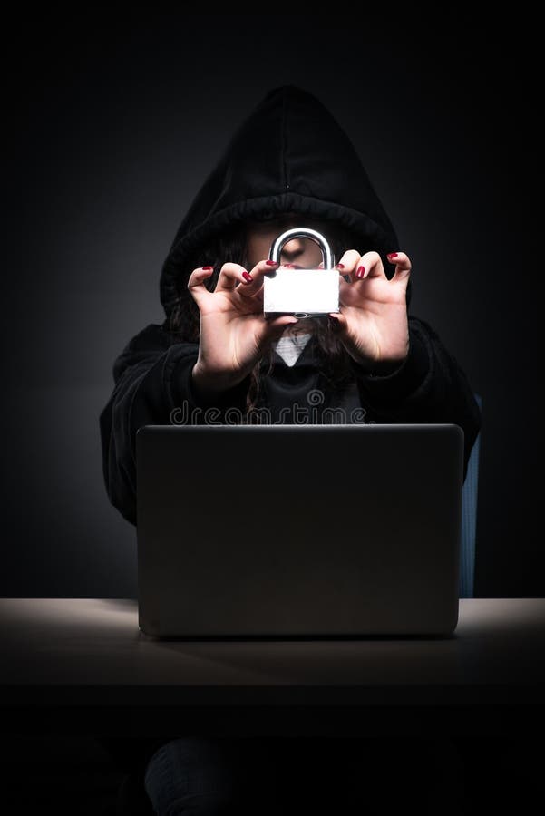 Female Hacker Hacking Security Firewall Late in Office Stock Photo ...