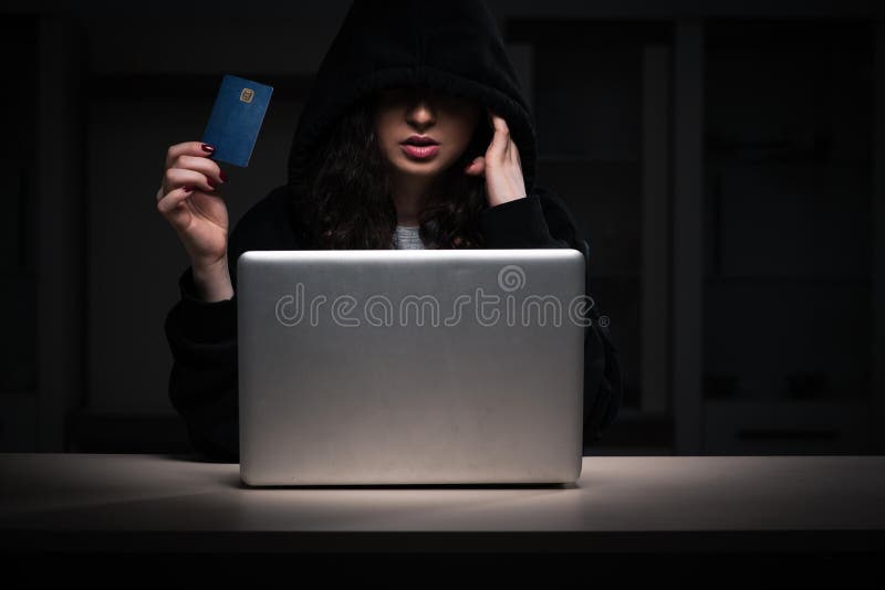 Female Hacker Hacking Security Firewall Late in Office Stock Photo ...