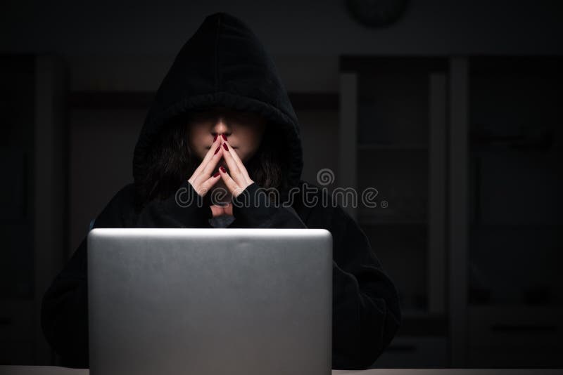 Female Hacker Hacking Security Firewall Late in Office Stock Photo ...