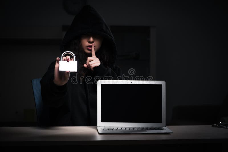 Female Hacker Hacking Security Firewall Late in Office Stock Photo ...