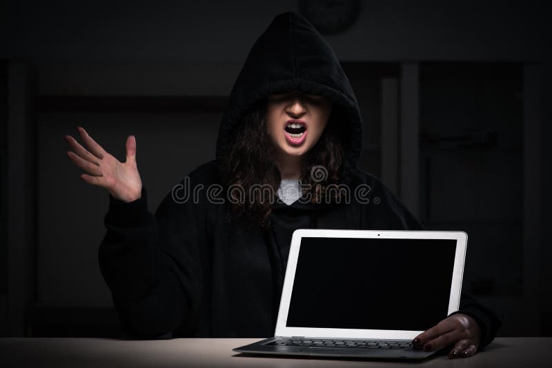 Female Hacker Hacking Security Firewall Late in Office Stock Image ...