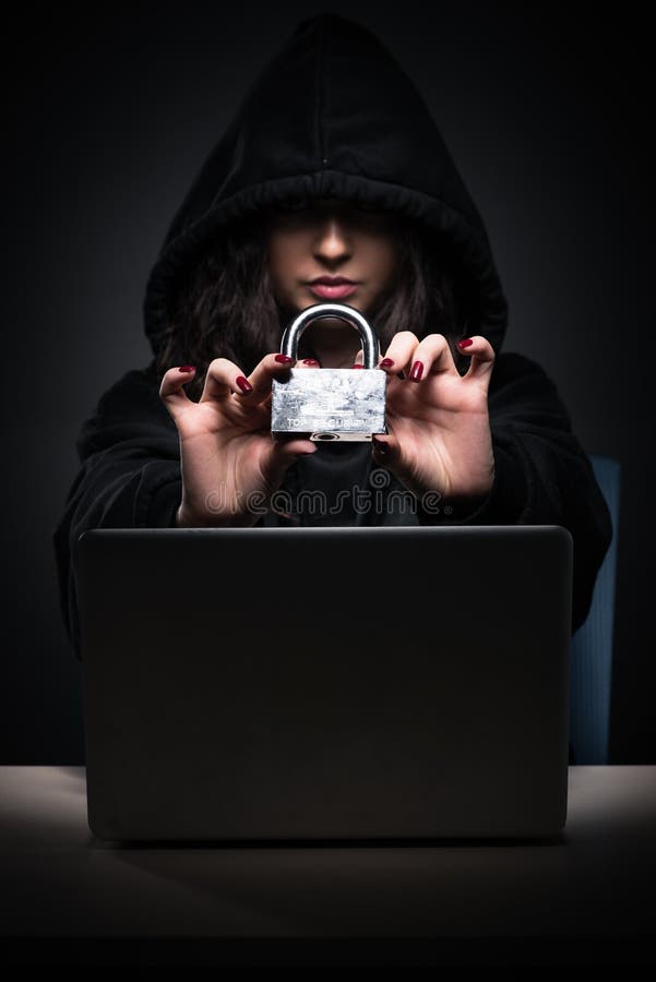 Female Hacker Hacking Security Firewall Late in Office Stock Photo ...