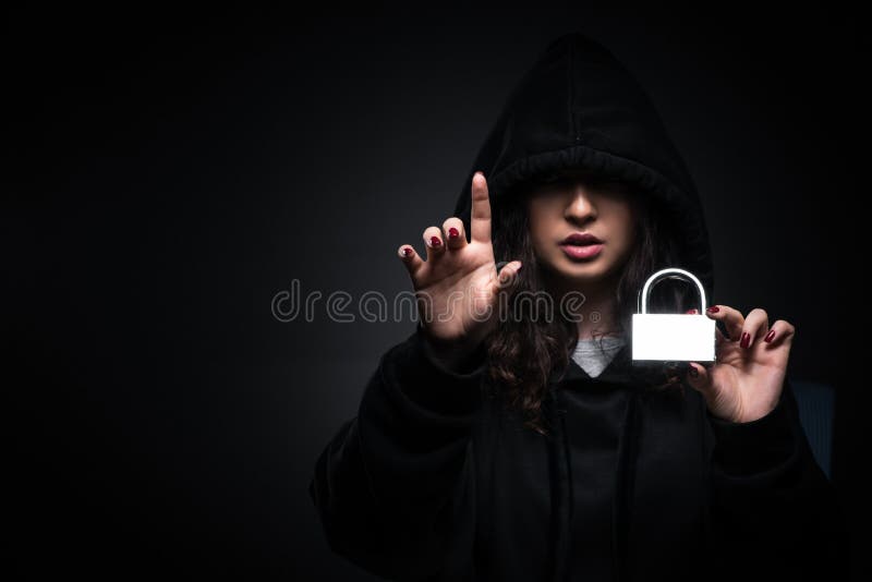 Female Hacker Hacking Security Firewall Late in Office Stock Photo ...