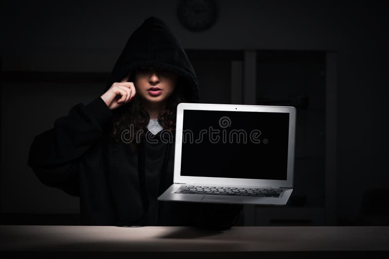 Female Hacker Hacking Security Firewall Late in Office Stock Photo ...