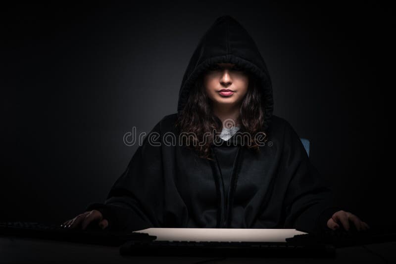 Female Hacker Hacking Security Firewall Late in Office Stock Photo ...