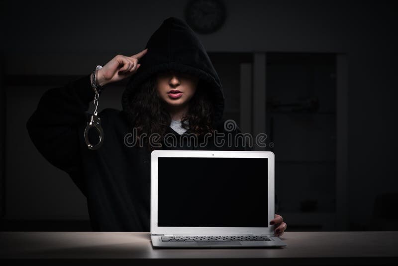 Female Hacker Hacking Security Firewall Late in Office Stock Photo ...
