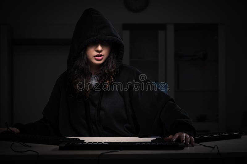 Female Hacker Hacking Security Firewall Late in Office Stock Image ...