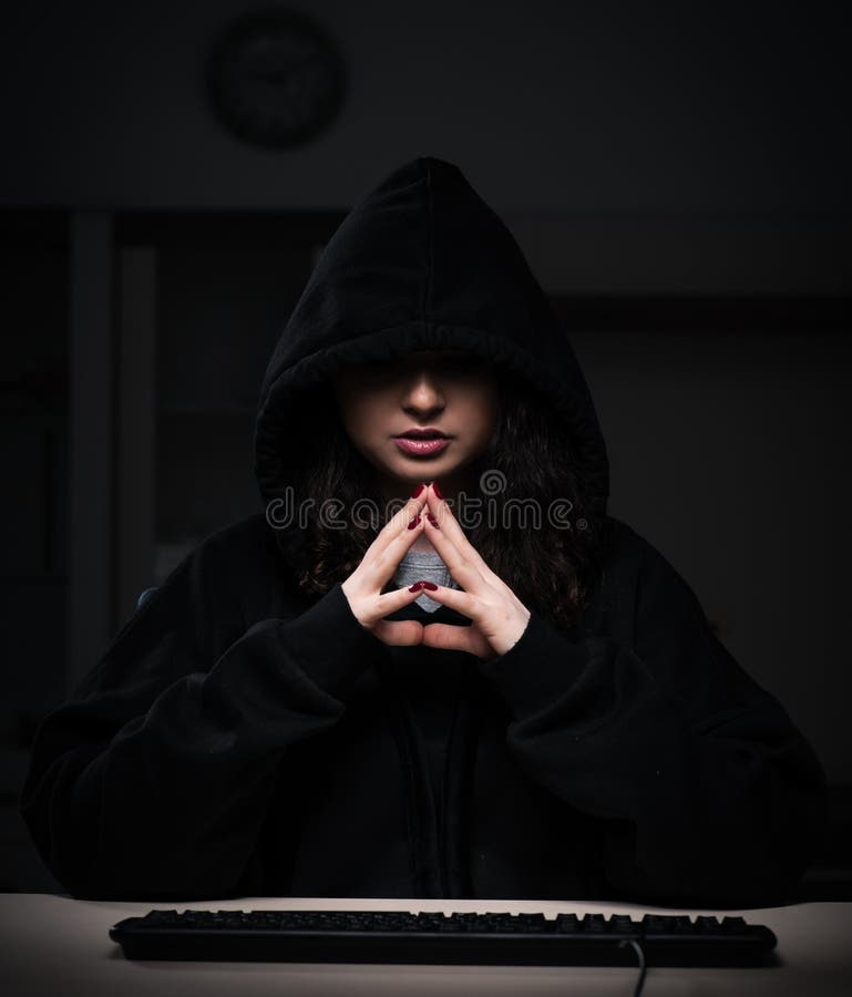 Female Hacker Hacking Security Firewall Late in Office Stock Photo ...