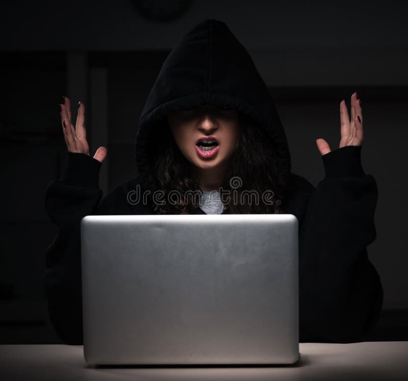 Female Hacker Hacking Security Firewall Late in Office Stock Photo ...
