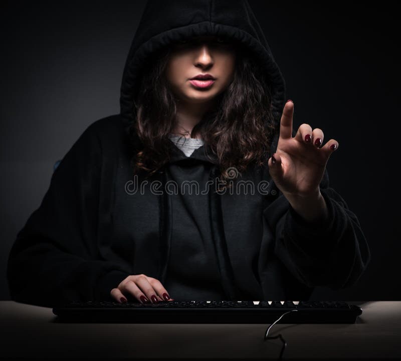 Female Hacker Hacking Security Firewall Late in Office Stock Photo ...