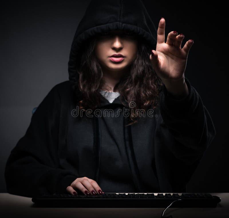 Female Hacker Hacking Security Firewall Late in Office Stock Photo ...