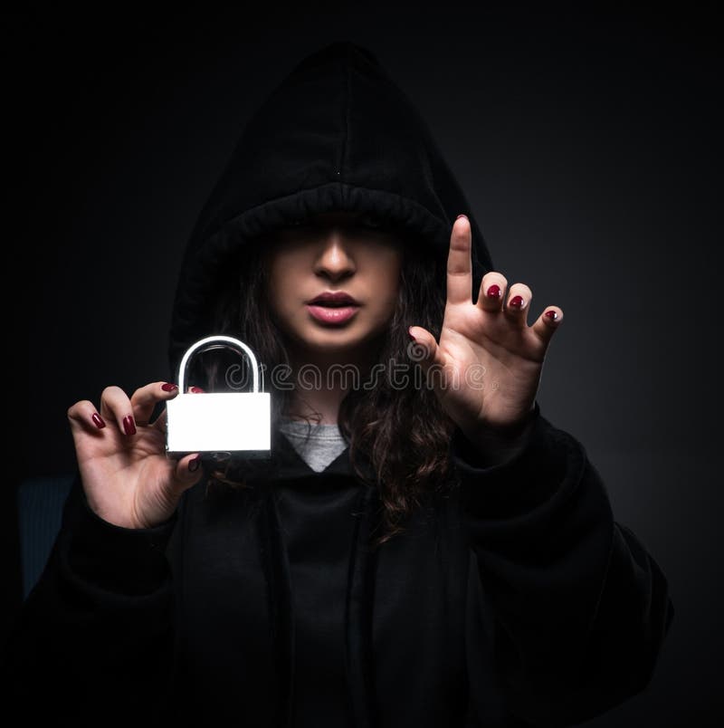 Female Hacker Hacking Security Firewall Late in Office Stock Photo ...