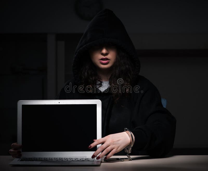 Female Hacker Hacking Security Firewall Late in Office Stock Image ...