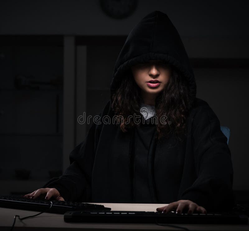 Female Hacker Hacking Security Firewall Late in Office Stock Photo ...