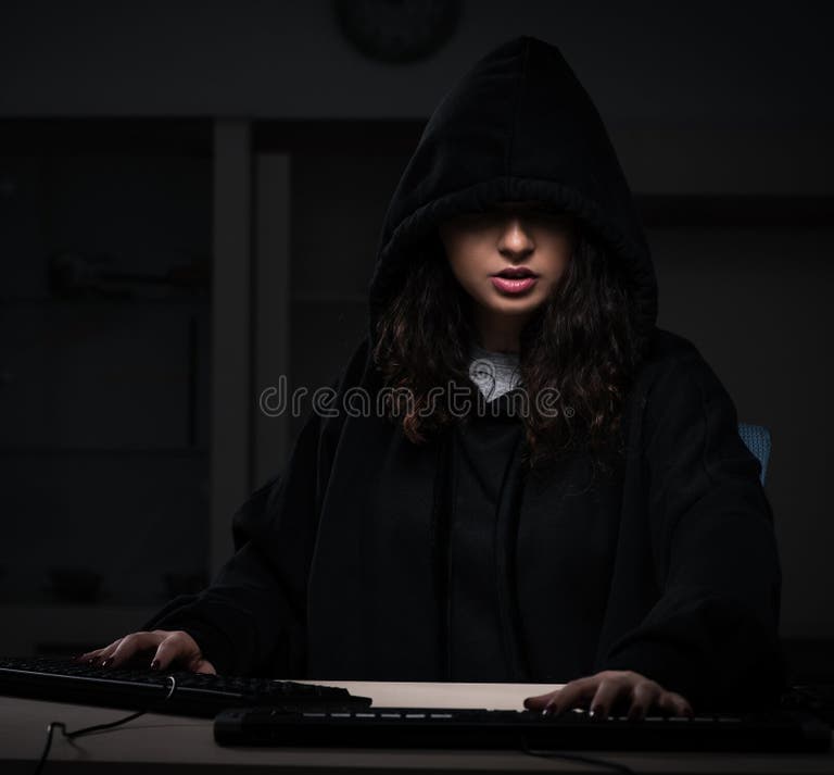 Female Hacker Hacking Security Firewall Late in Office Stock Photo ...