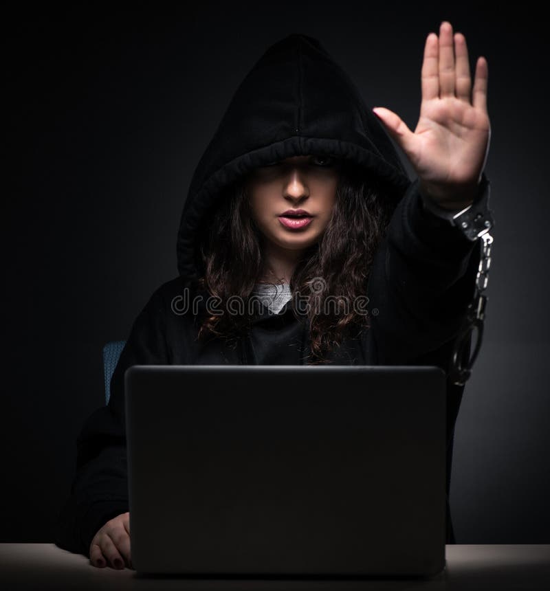Female Hacker Hacking Security Firewall Late in Office Stock Photo ...