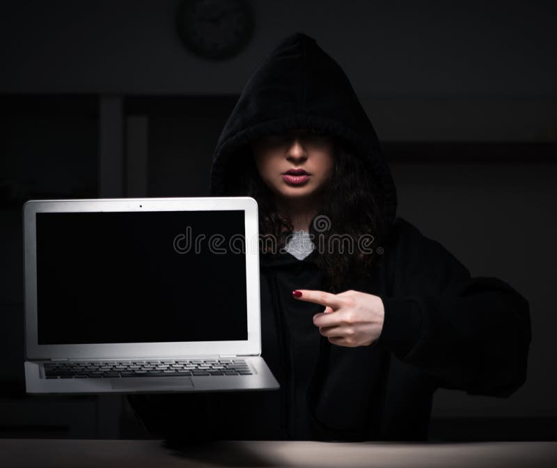 Female Hacker Hacking Security Firewall Late in Office Stock Photo ...