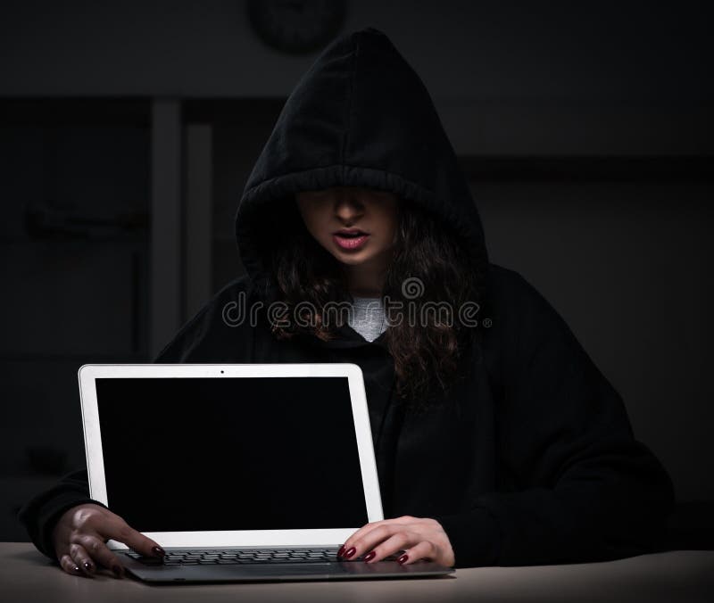 Female Hacker Hacking Security Firewall Late in Office Stock Image ...