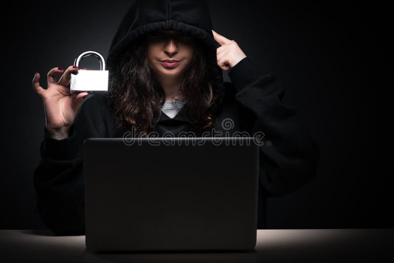 Female Hacker Hacking Security Firewall Late in Office Stock Photo ...