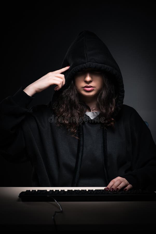Female Hacker Hacking Security Firewall Late in Office Stock Photo ...