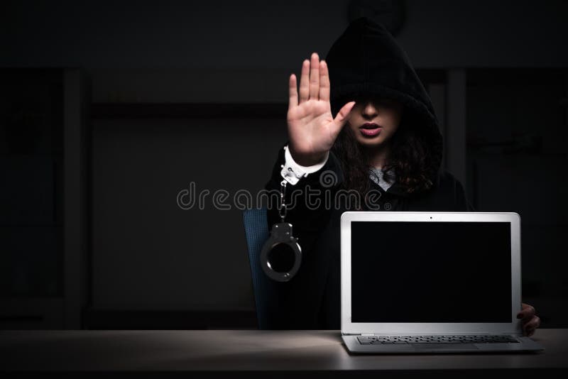 Female Hacker Hacking Security Firewall Late in Office Stock Photo ...