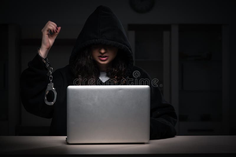 Female Hacker Hacking Security Firewall Late in Office Stock Image ...