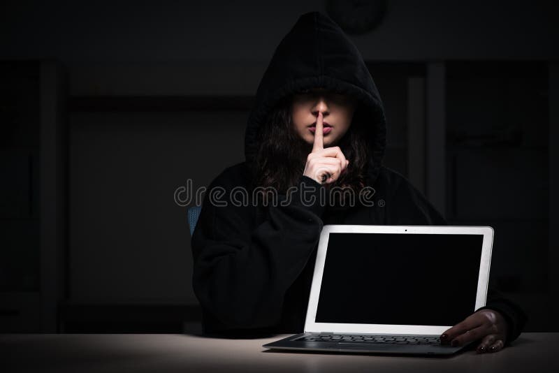 Female Hacker Hacking Security Firewall Late in Office Stock Image ...