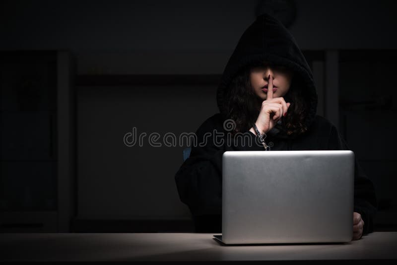 Female Hacker Hacking Security Firewall Late in Office Stock Image ...