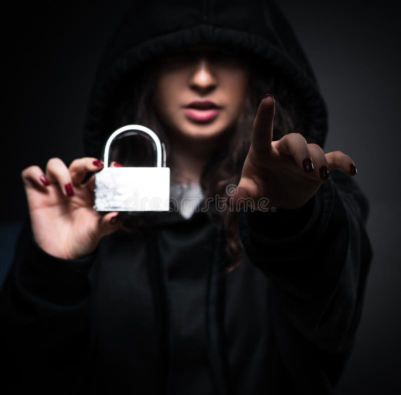 Female Hacker Hacking Security Firewall Late in Office Stock Photo ...