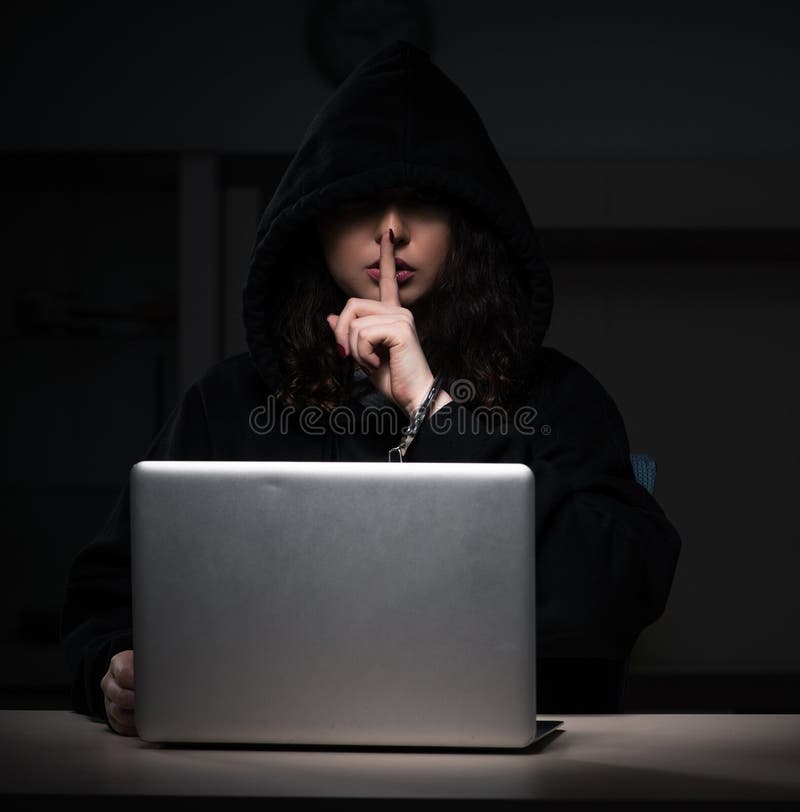 Female Hacker Hacking Security Firewall Late in Office Stock Photo ...