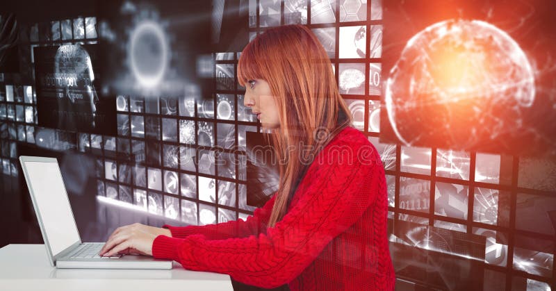 Female Hacker Using Laptop Against Screens Stock Image - Image of ...