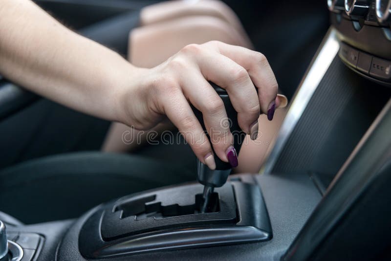 Female Hand on Automatic Transmission Car Lever Stock Photo - Image of ...