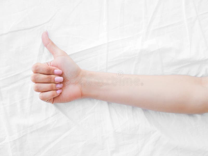 Female Hand on the Bed. White Sheets. Bedroom. Stock Photo - Image of ...