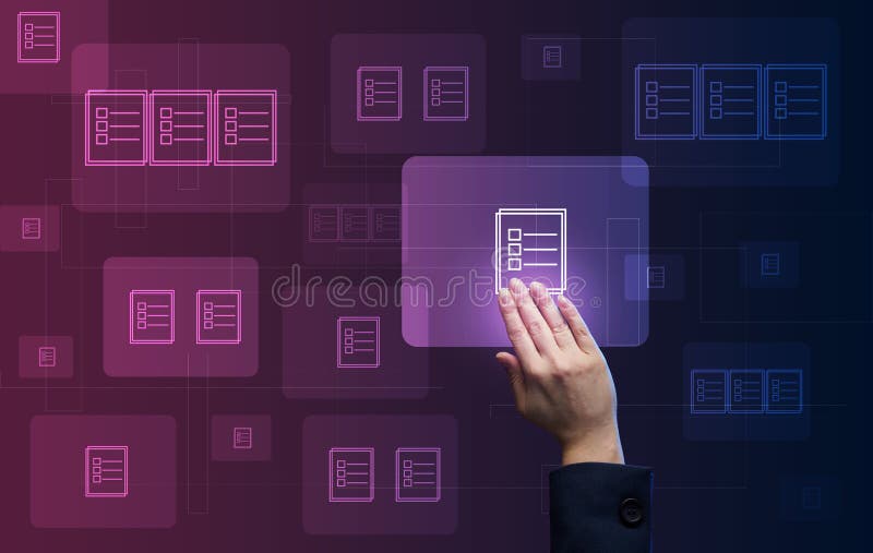 Female Hand Checks Documents on a Holographic Screen. the Concept of ...