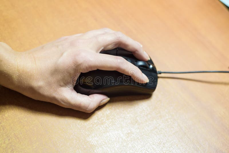 Female Hand with Computer Mouse on Table Stock Photo - Image of device ...