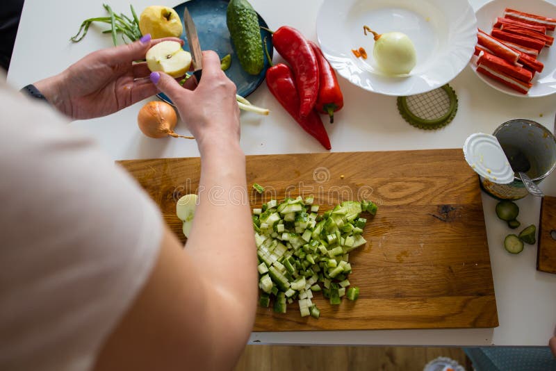 Female Hand Cut Vegetables on Rustic Kitchen Table, Cooking and ...