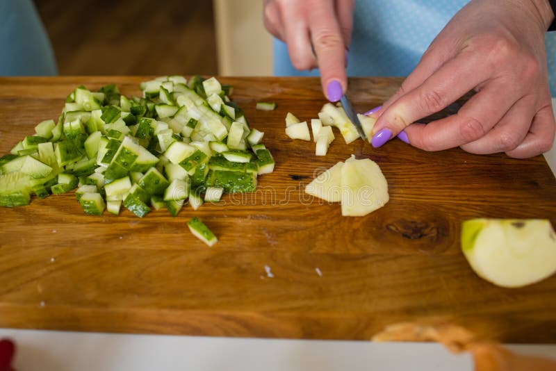 Female Hand Cut Vegetables on Rustic Kitchen Table, Cooking and ...