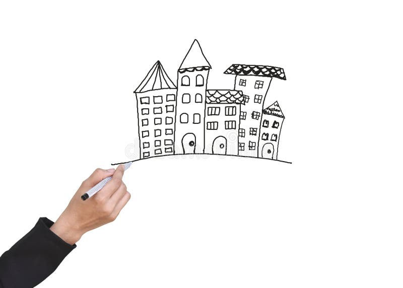 Female Hand Drawing City on White Background Stock Image - Image of ...
