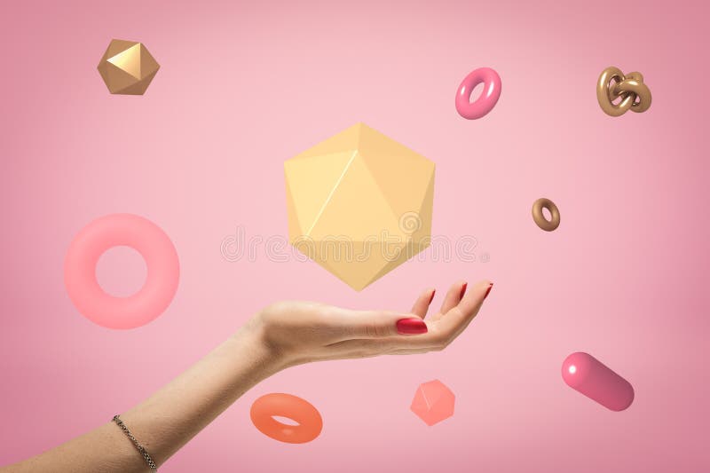 Female Hand with Geometric Polygon and Random Objects on Pink ...