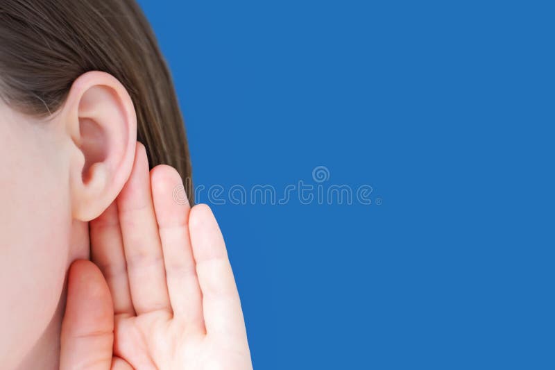 Female Hand Holding Ear on Blue Background Close-up. Stock Photo ...