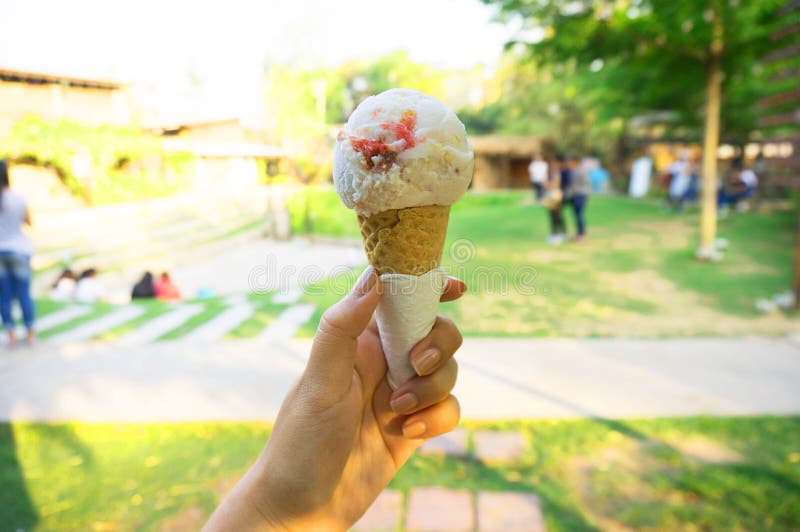 Female Hand Holding Ice Cream in Park Stock Image - Image of girl ...