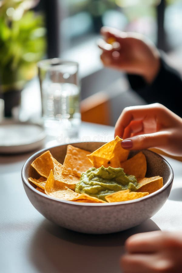 Female Hand Holding Nacho with Guacamole in Restaurant Setting Stock ...