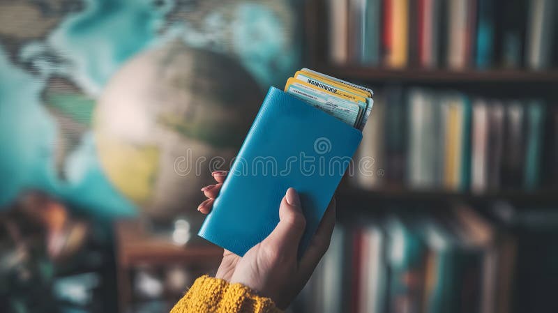 Female Hand Holding Passport with Boarding Passes in Front of Bookshelf ...