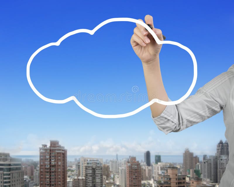Female Hand Holding Pen Drawing White Cloud in Sky Stock Image - Image ...