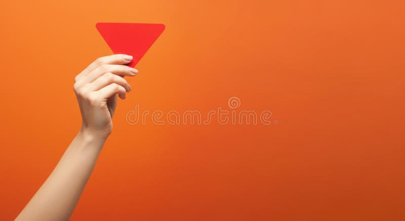 Female Hand Holding Red Triangle on Vibrant Orange Background Stock ...