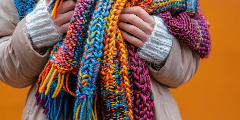 Female Hand Holding a Set of Knitted Scarf, Multi-colored and with ...