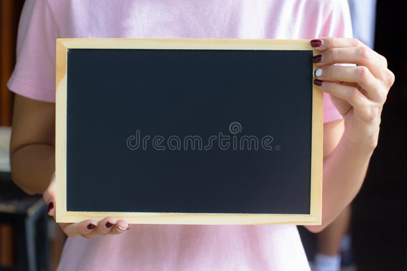 Female Hand Holding Small Blackboard, Chalkboard with Empty or C Stock ...