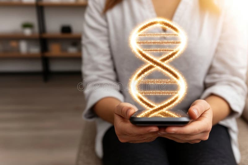 Female Hand Holding Smartphone with Glowing Dna Helix Stock Image ...